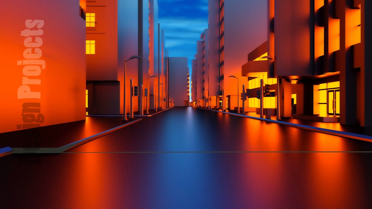 Abstract animation of a camera moving through the sunset city buildings ...