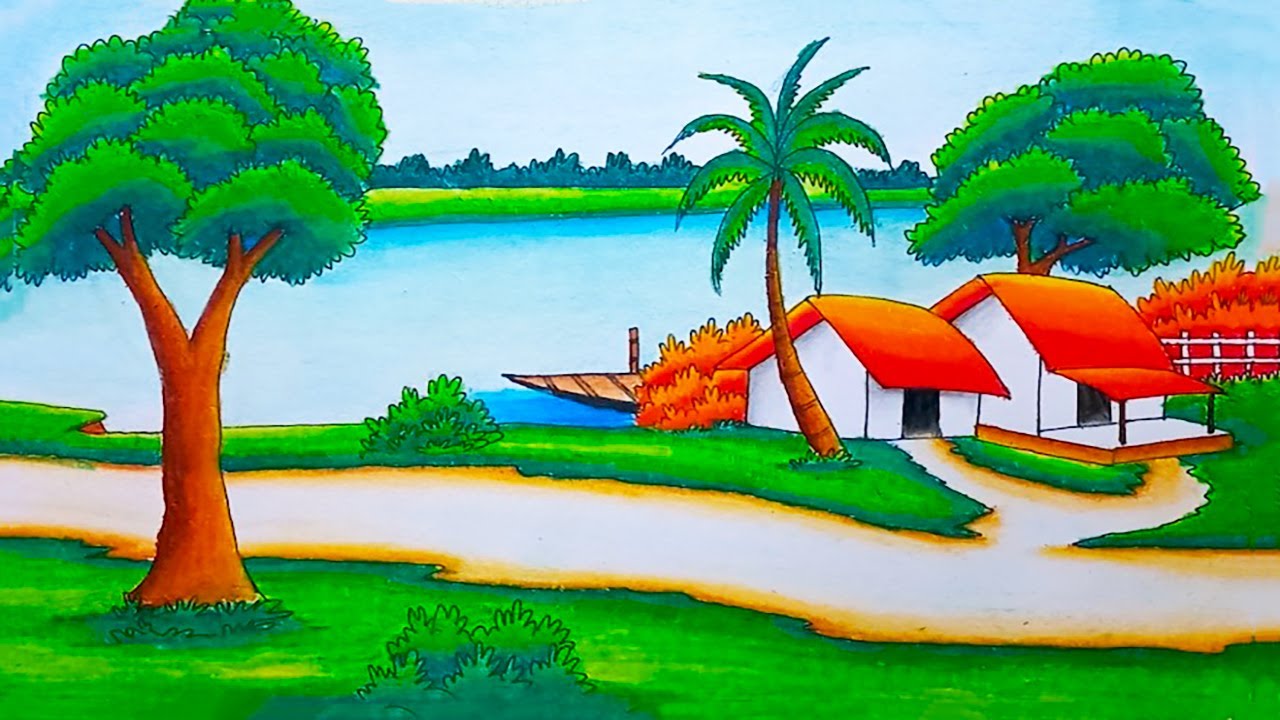 How to draw easy Rainey season scenery drawing | Riverside village ...