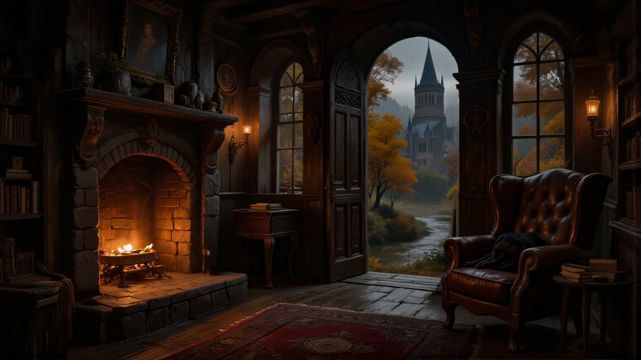 Warm Gothic Fireplace Room | Dark Academia Ambience with Cozy Fireplace ...