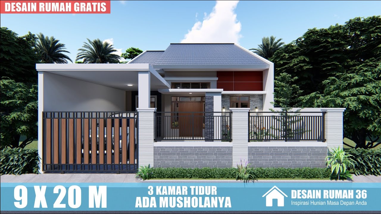 DESAIN RUMAH 9X20 METER 3 KAMAR TIDUR ADA MUSHOLANYA - YouTube
