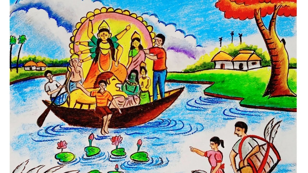 How to Drawing durga puja Scenery drawing| maa durga drawing. - YouTube