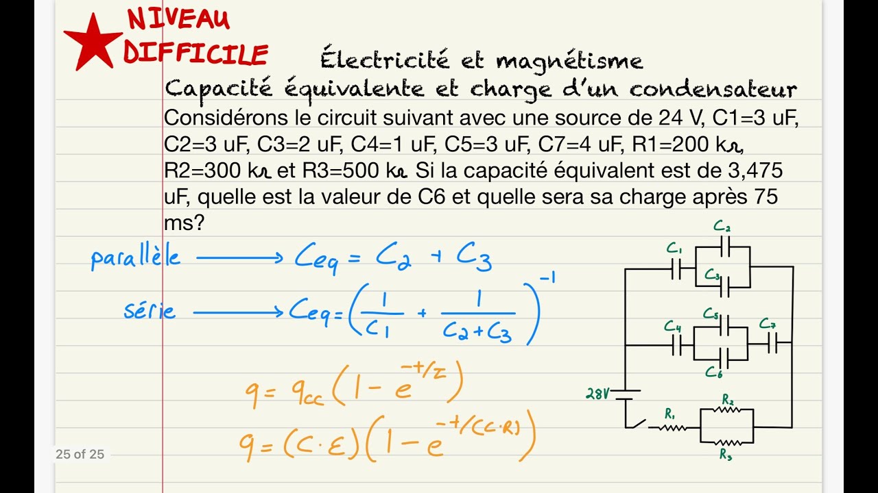 Capacité équivalente et charge d'un condensateur, électricité et ...