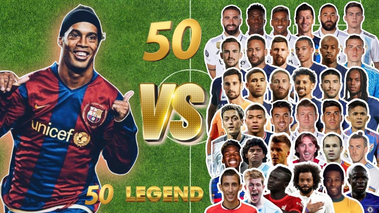Ronaldinho 🆚 50 football legends!! (messi,ronaldo,pele,maradona,iniesta ...