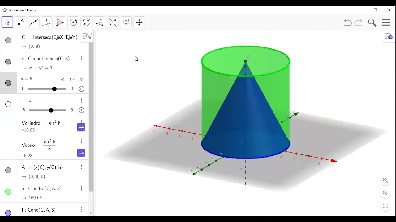 GEOGEBRA VOLUMEN DEL CONO INSCRITO EN UN CILINDRO CON ALTURA VARIABLE ...