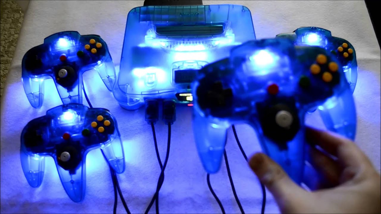 Ice Blue Nintendo 64 w/ Custom Blue LEDs and Controllers - YouTube