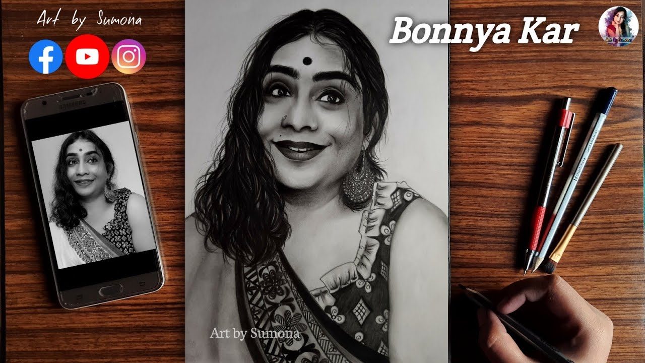 Portrait of Bonnya Kar| বন্যা | How to draw Bonnya Kar| Easy portrait ...
