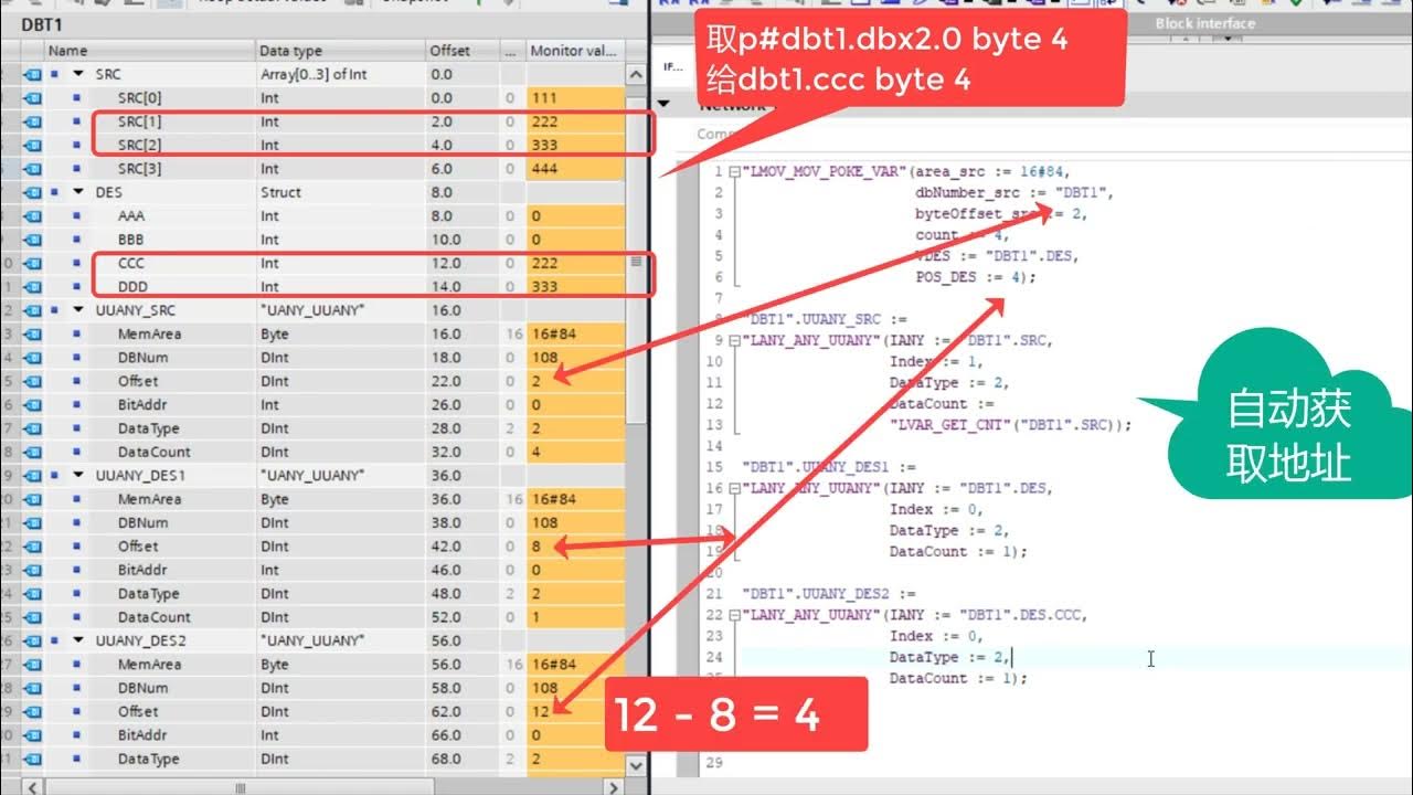 博途 LMOV_MOV_POKE_VAR 自动获取p#dbt1.dbx2.0 byte 4 地址 赋值给dbt1.des.ccc byte 4 - YouTube