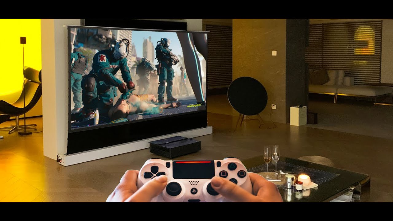 Vividstorm screen, Optoma Cinemax P2, Sony 4K Blu-Ray player, Nakamichi ...