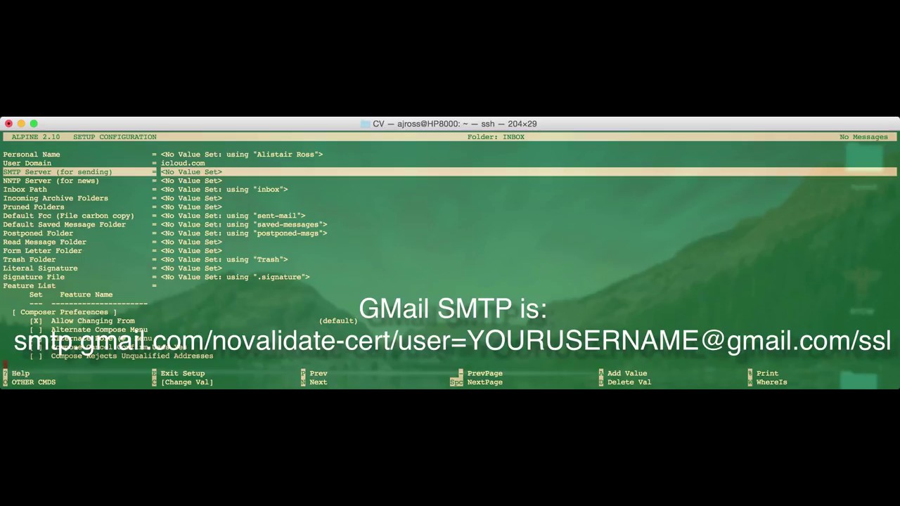 How to use Alpine PINE email client to use IMAP iCloud (or Gmail) email ...