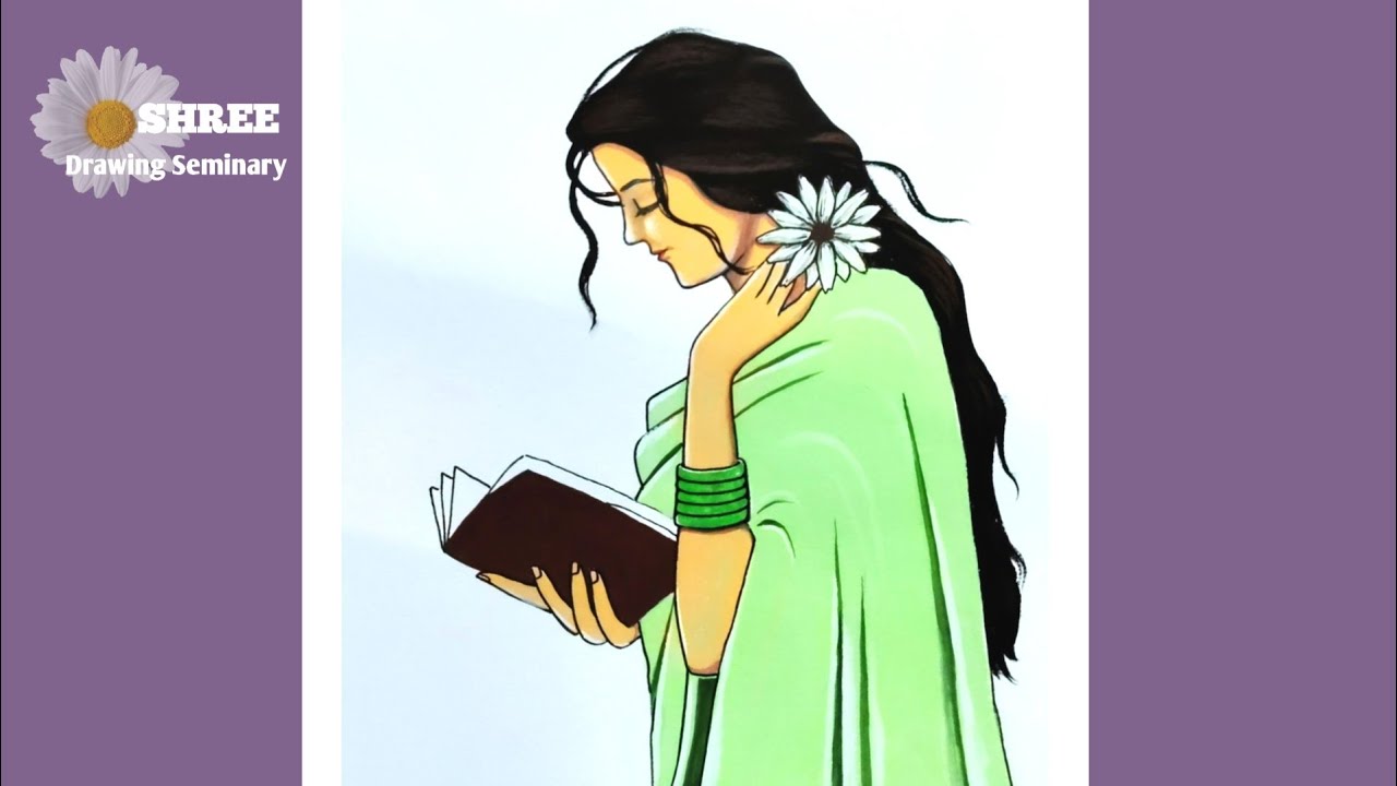 Traditional girl Reading Book drawing// Aesthetic Girl Drawing - YouTube