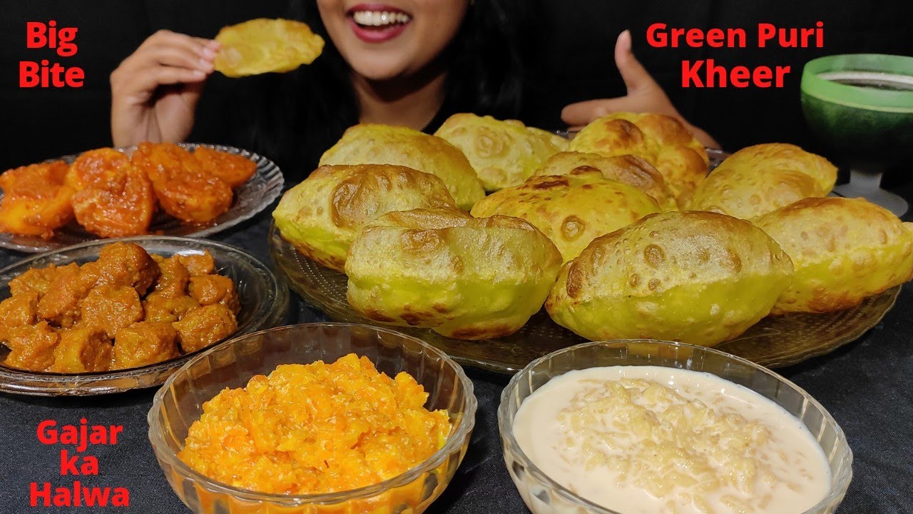 EATING GREEN LUCHI or PURI WITH SPICY DUM ALU, SOYA CHUNKS CURRY, GAJAR ...