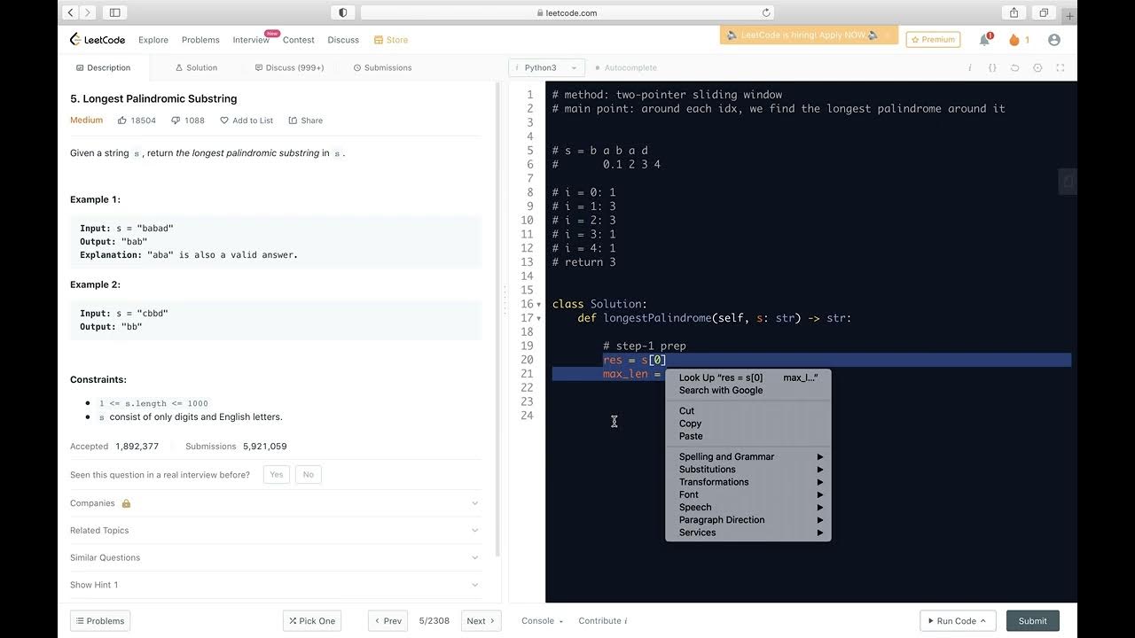 Leetcode 5. Longest Palindromic Substring - two-pointer sliding window method - YouTube