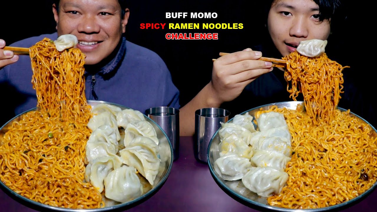 BUFF MOMO 🥟 SPICY KOREAN RAMEN NOODLES 🔥 EATING CHALLENGE | FATHER VS ...