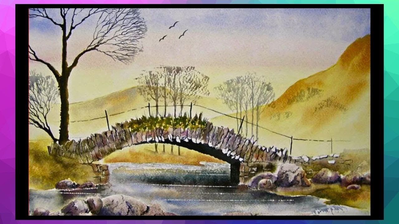 HOW TO PAINT AN OLD STONE BRIDGE WITH ROCKS RIVER TREES & REFLECTIONS ...