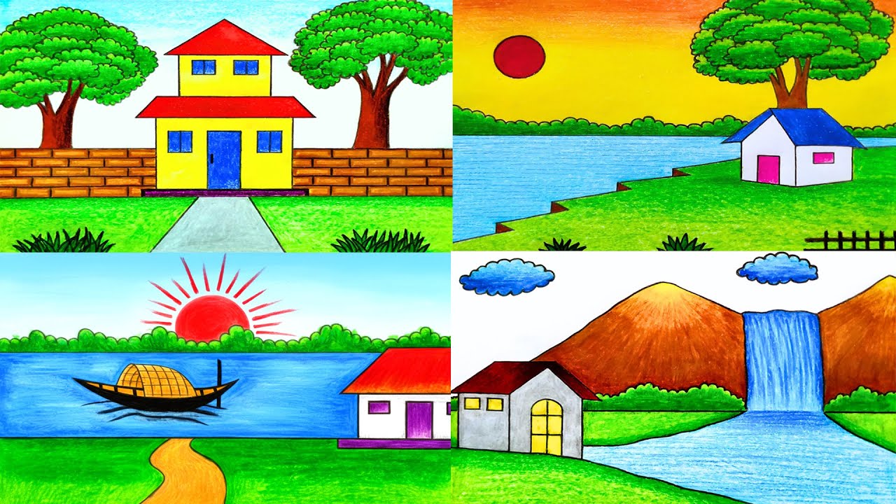 4 Very Easy Nature Drawing with Color Pencils | प्राकृतिक दृश्य चित्र ...