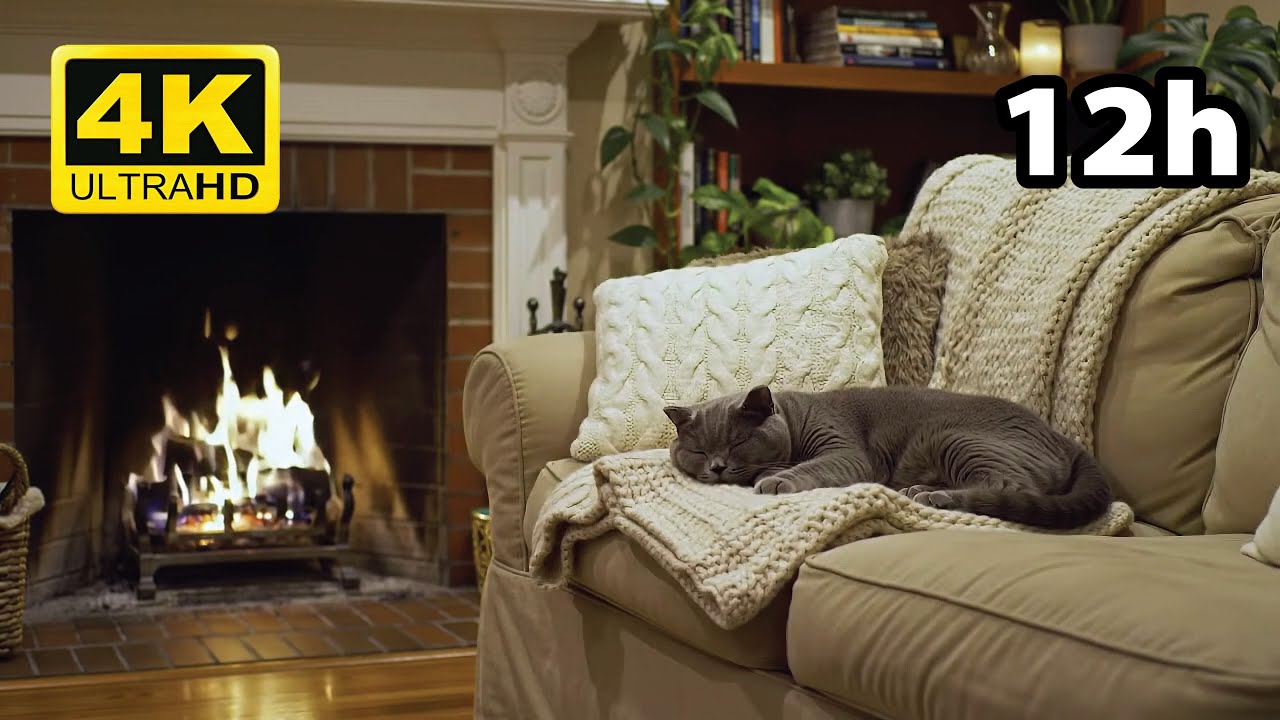 🔥Ultimate Cozy Fireplace & Sleeping Cat | 12h Relaxing Ambience for ...
