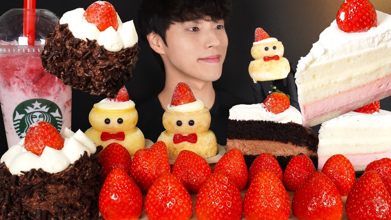 ASMR MUKBANG STRAWBERRY CHOCOLATE CAKE & STRAWBERRY LATTE & STRAWBERRY ...