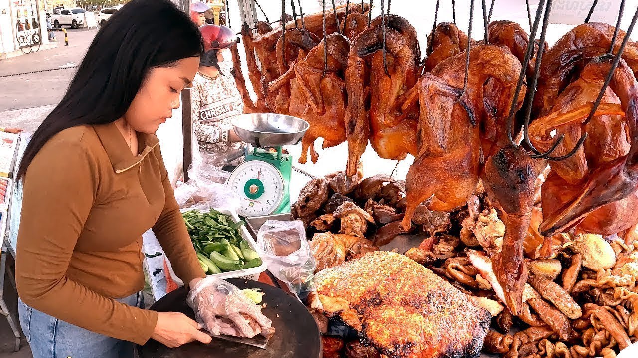 A Girl Selling Extreme Roasted Duck & Braised Pork - Cambodian Street ...