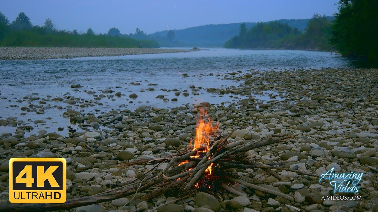 Cozy Campfire On Mountain River Shore. Ambient Relaxing Sounds [4K ...