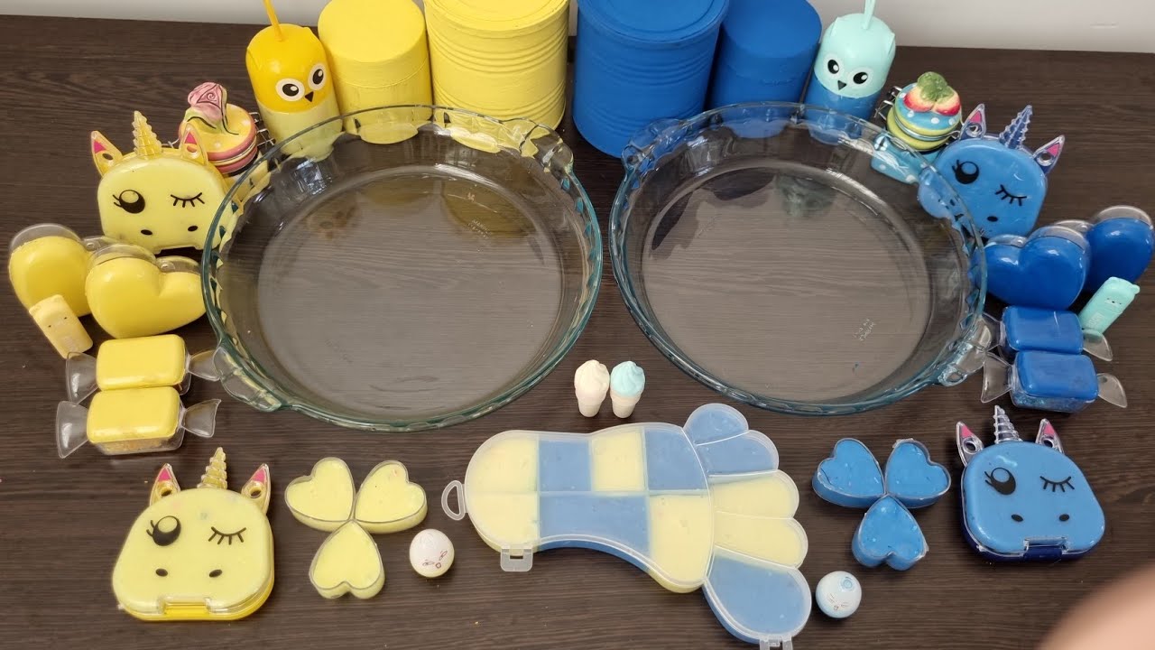 Blue VS Yellow/ mixing glitter & makeup into slime/ ASMR satisfying ...