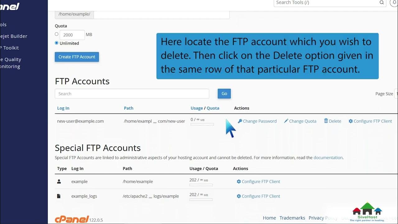 How to Delete an FTP User account from cPanel SiveHost - YouTube