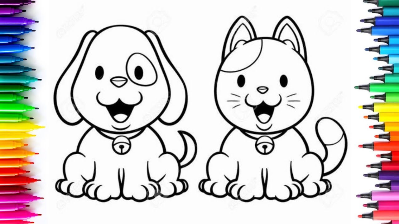Dog and cat drawing and coloring for kids and toddlers , how to draw ...