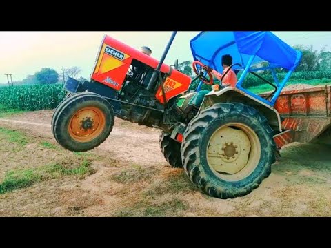 Eicher 242 tractor power how to pull full load trolley buried in sand | tractor stunt video ...