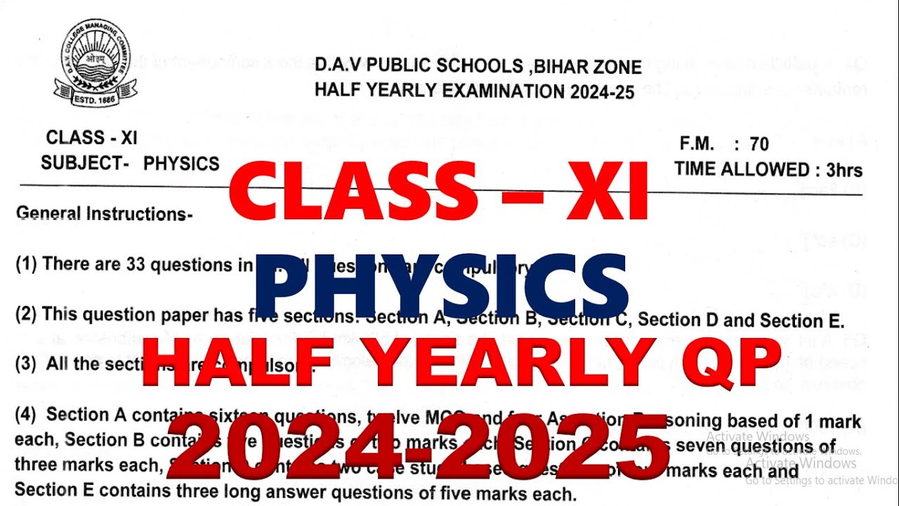 DAV CLASS 11 PHYSICS HALF YEARLY QUESTION PAPER | QUESTION PAPER ...