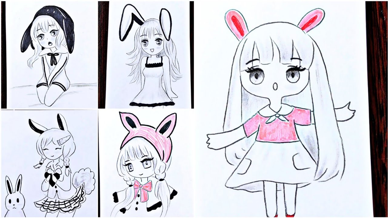 5 Desene cu fete iepurași de Paște/ cum se desenează fata anime - YouTube
