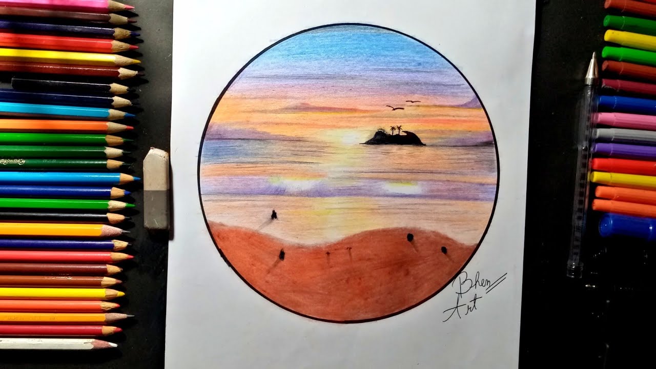 Speed drawing seascape sunset pulo Baliguian (Bhen art abo abo) - YouTube