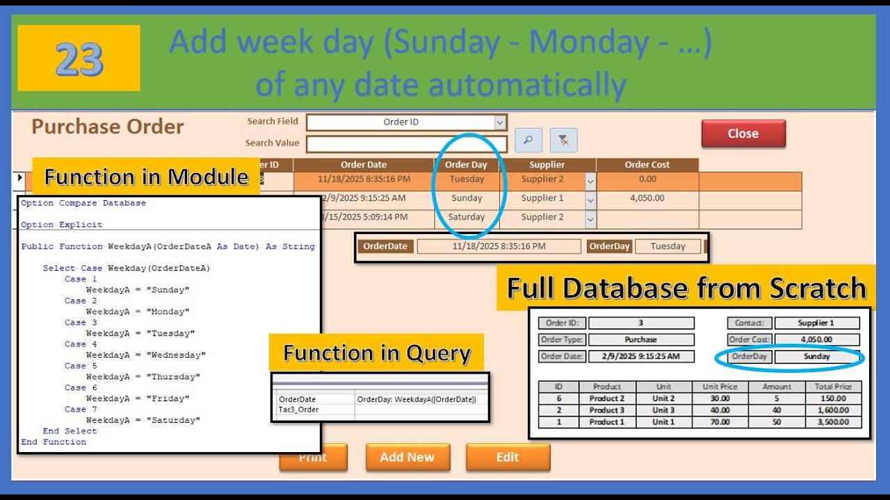 Ms Access Tutorial 23_ Add week day function automatically with Date ...