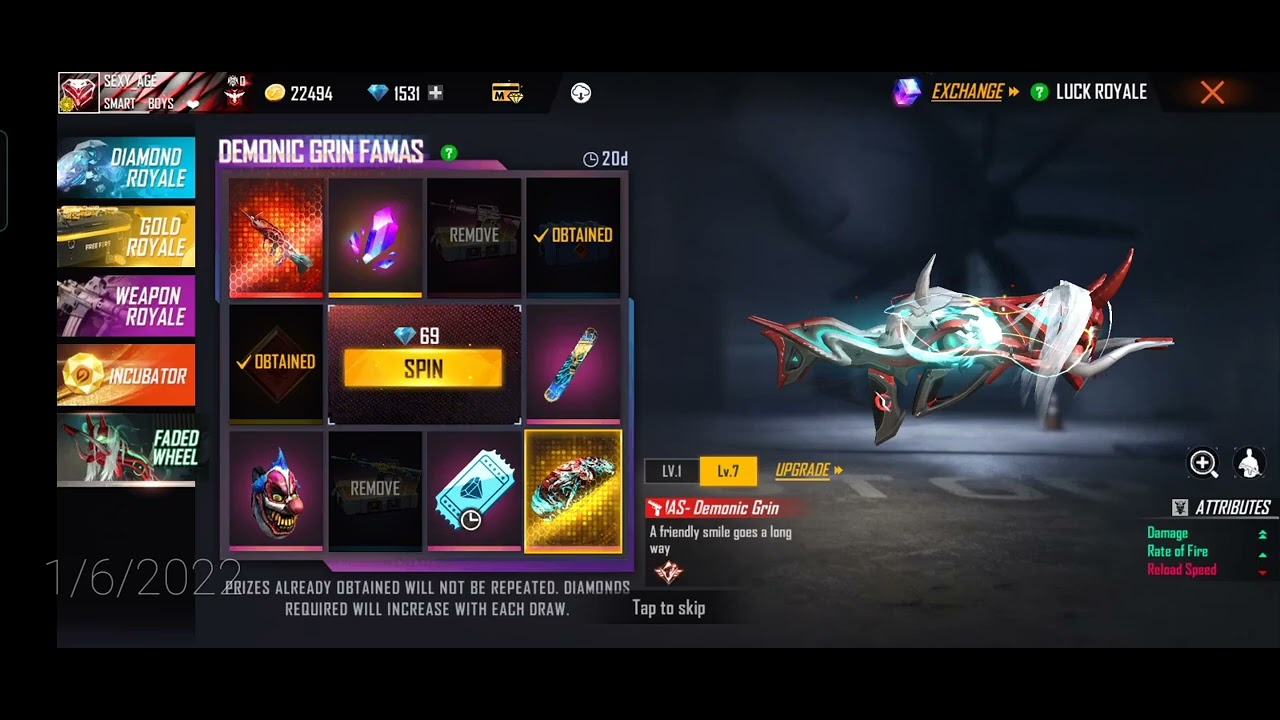 New evo famas gun skin 😈.total doimonds 1082.one spin trick. Opening ...