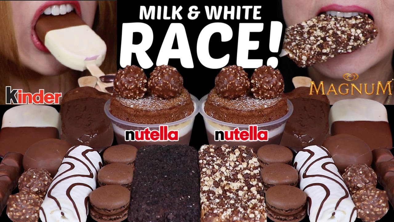 ASMR MILK & WHITE CHOCOLATE RACE! NUTELLA FERRERO CAKE, MAGNUM ICE ...