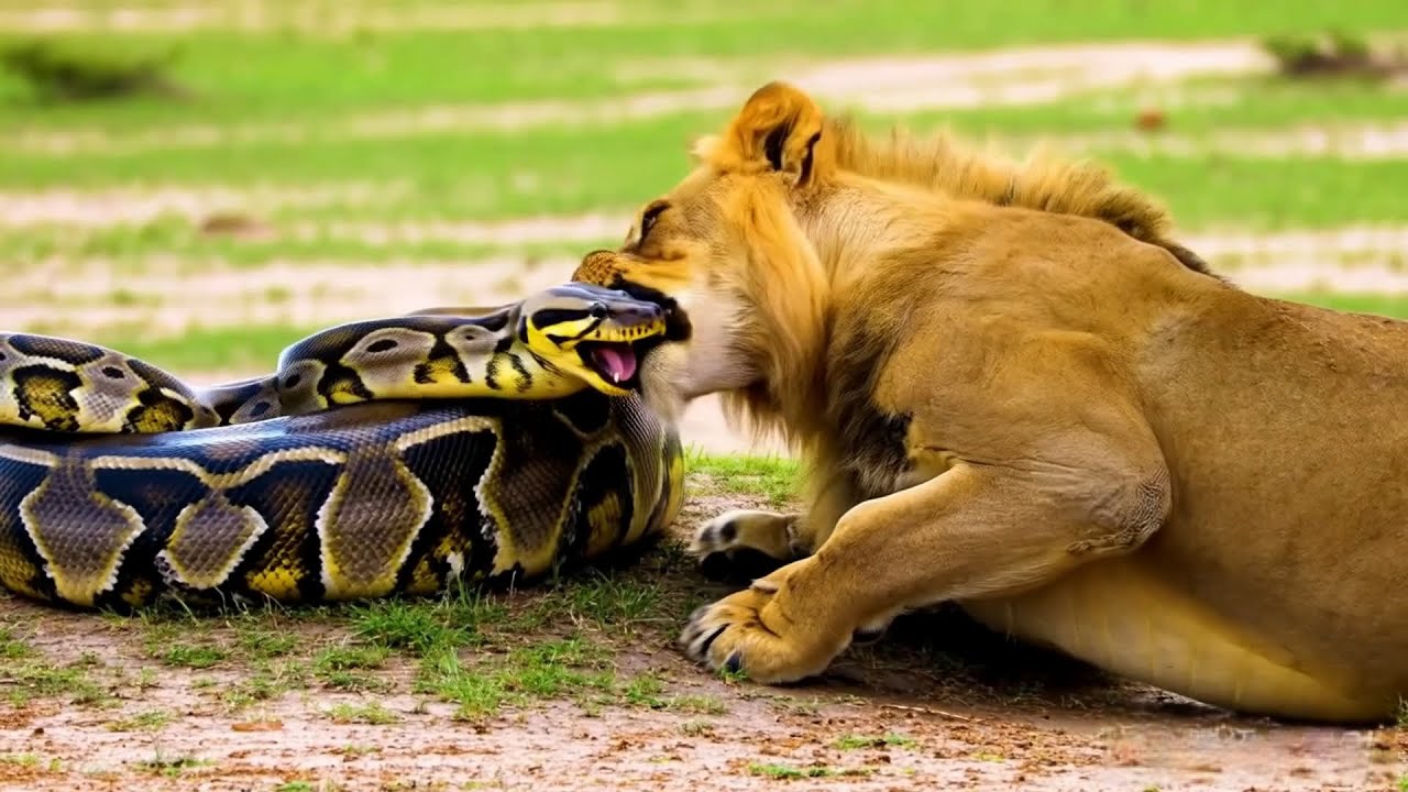 巨蟒尾部猛然扫向雄狮的头部The python's tail suddenly swept towards the lion's head - YouTube