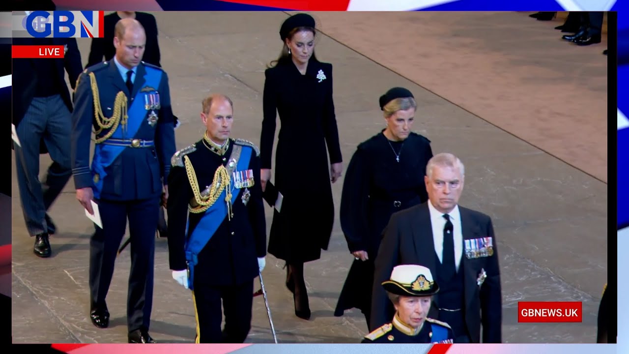 Royal Family members pay respect to Queen Elizabeth II's coffin as they ...