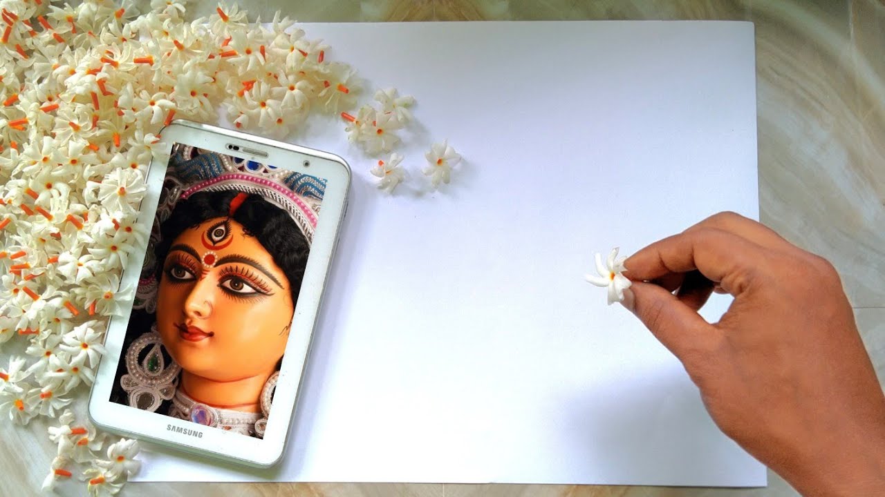 Maa Durga drawing with Night jasmine/ Shiuli phool 🌼/ Can I Draw with ...