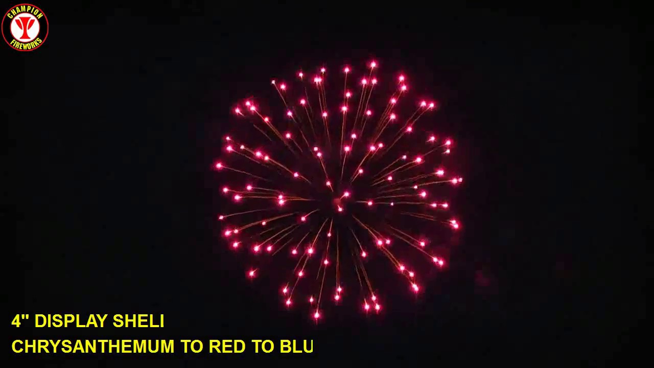 4 inch shell fireworks: CHRYSANTHEMUM TO RED TO BLUE - YouTube
