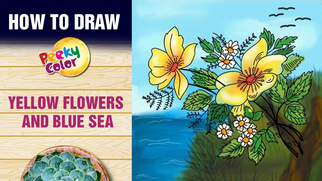 How to draw Yellow flowers and blue sea - A Step by step guide for ...