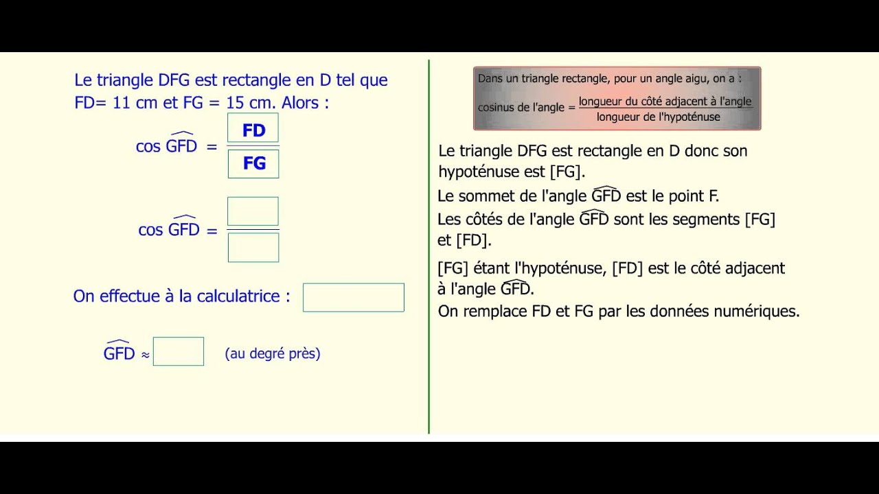 cosinus calcul angle 4ème - YouTube