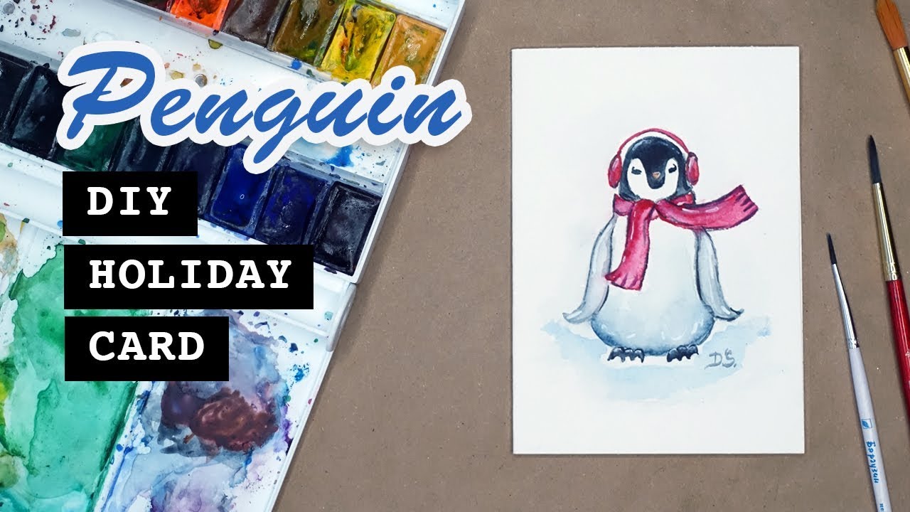 Holiday Penguin - DIY Greeting Card | Watercolor Painting - YouTube