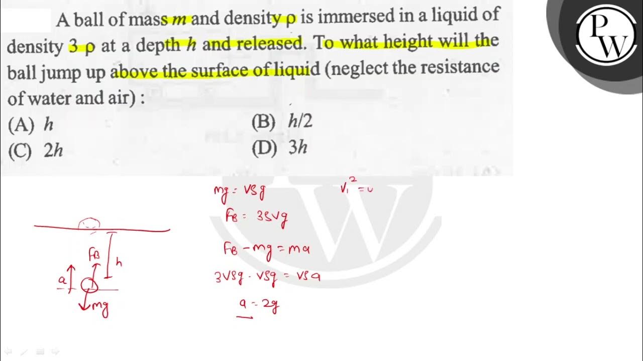 A ball of mass \( m \) and density \( \rho \) is immersed in a liquid of density \( 3 \rho \) at ...