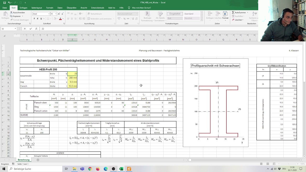 Excel-Übung: Flächenträgheitsmoment und Widerstandsmoment von Profilen ...