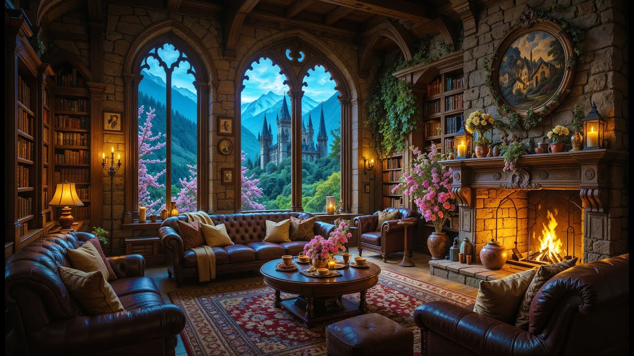 Cozy Castle Library by the Mountains 🌄🏰 Ambient Music & Nature Sounds ...