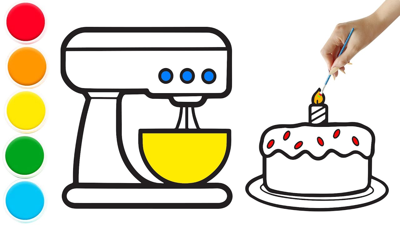 Drawing And Coloring A Birthday Cake And Stand Mixer | Step By Step ...