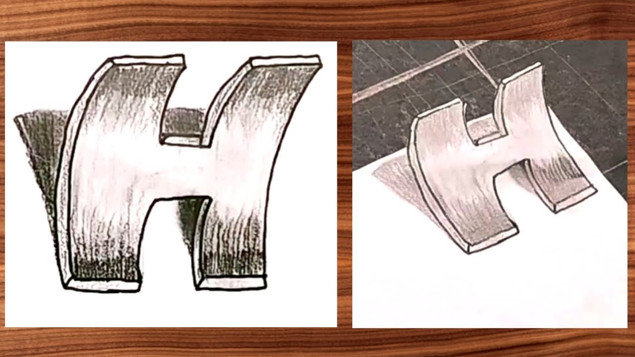 3D drawing, draw a 3D letter H, 3D illusion, draw with a pencil ...
