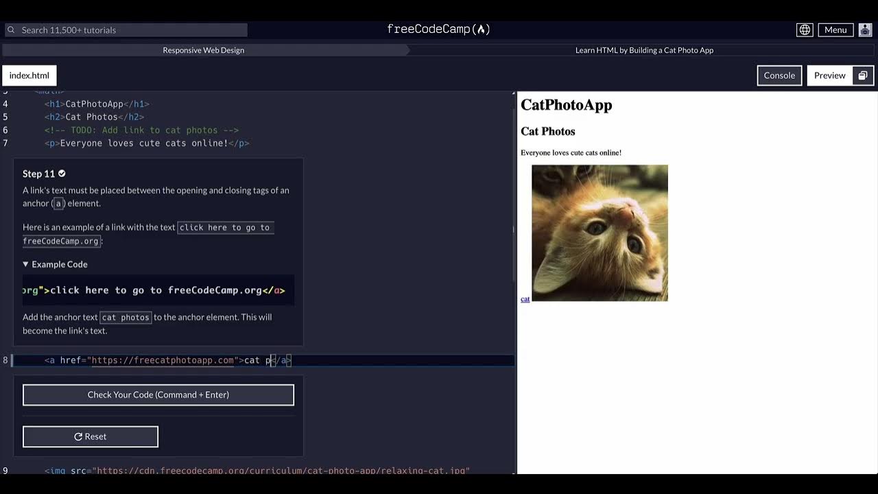 FreeCodeCamp - Responsive Web Design - Step 11 of 71 - Learn HTML by Building a Cat Photo App ...