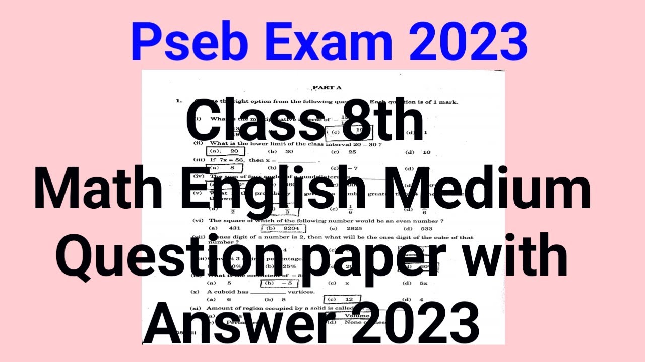 Pseb 8th Class Math Question Paper 2023 With Solution English Medium Pseb 8th Class Math Question Paper 2023 With Solution English Medium