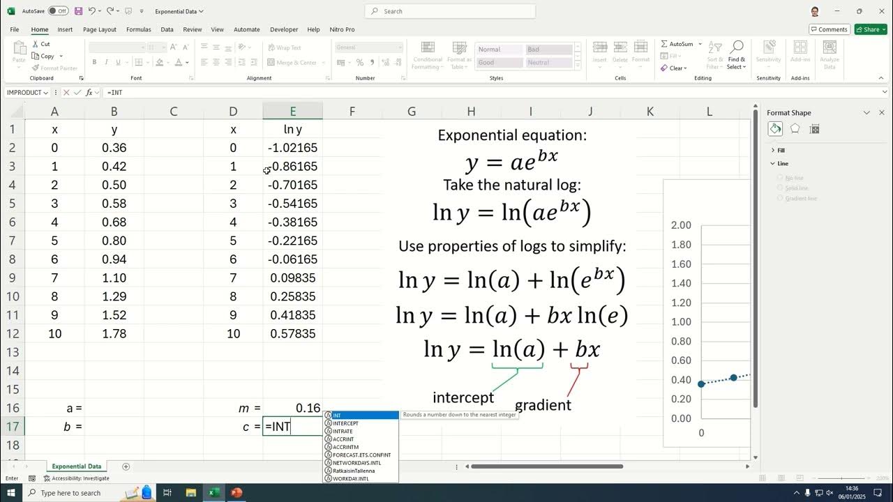 Analysis of Lab Data: Linearisation of Exponential Data in Excel - YouTube