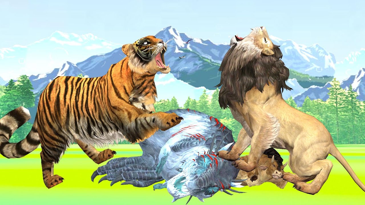 Zombie Dinosaur vs Lion and Tiger Fight Giant Zombie T-rex Fight Lion ...