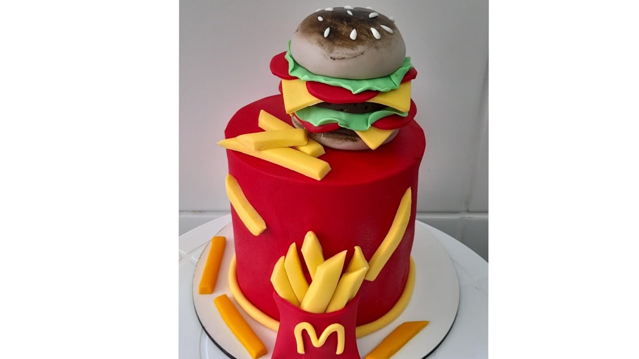 bolo mc donalds hambúrguer +batata frita cobertura glacê mármore ...